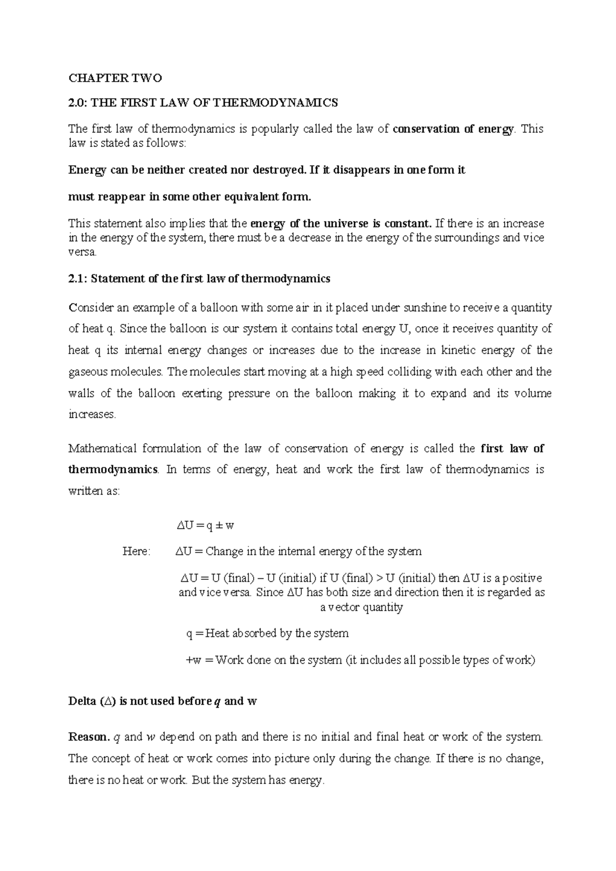 CHAPTER 2: THE FIRST LAW OF THERMODYNAMICS IN CHEMICAL THERMODYNAMICS ...