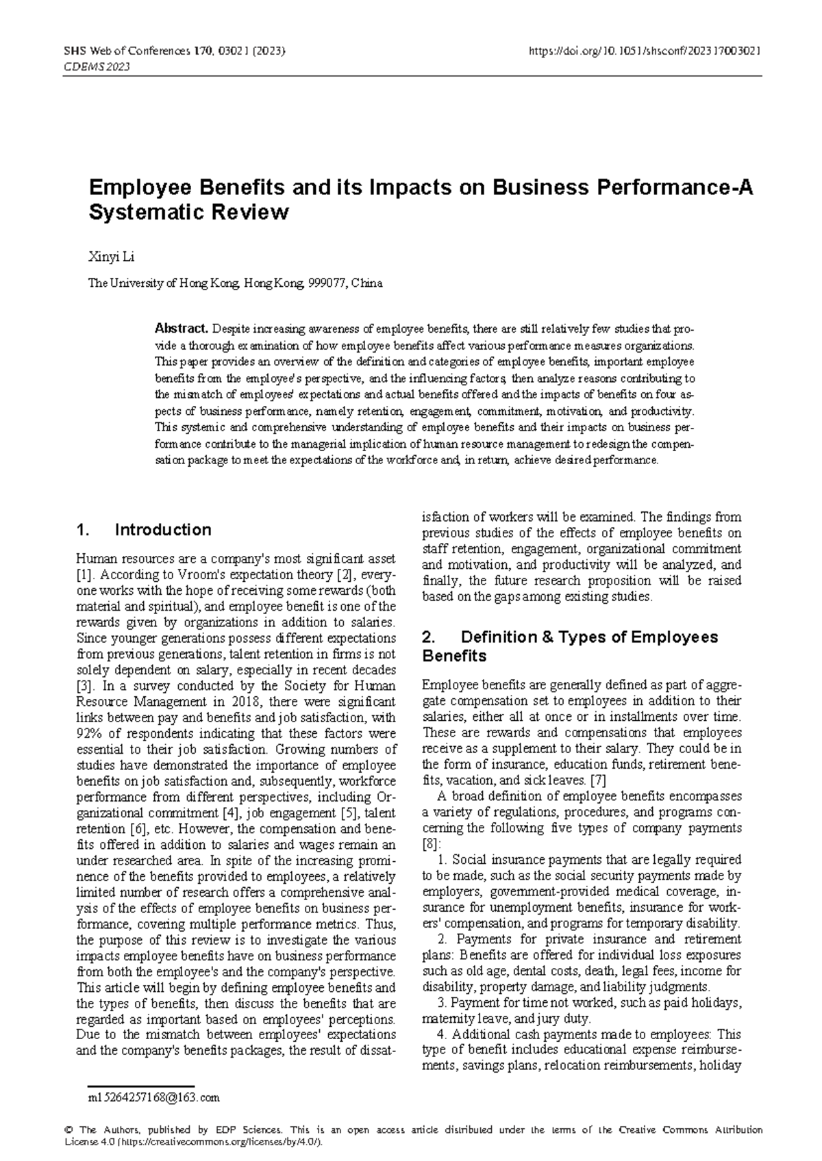 CDEMS 2023 Systematic Review of Employee Benefits Impact on Business ...