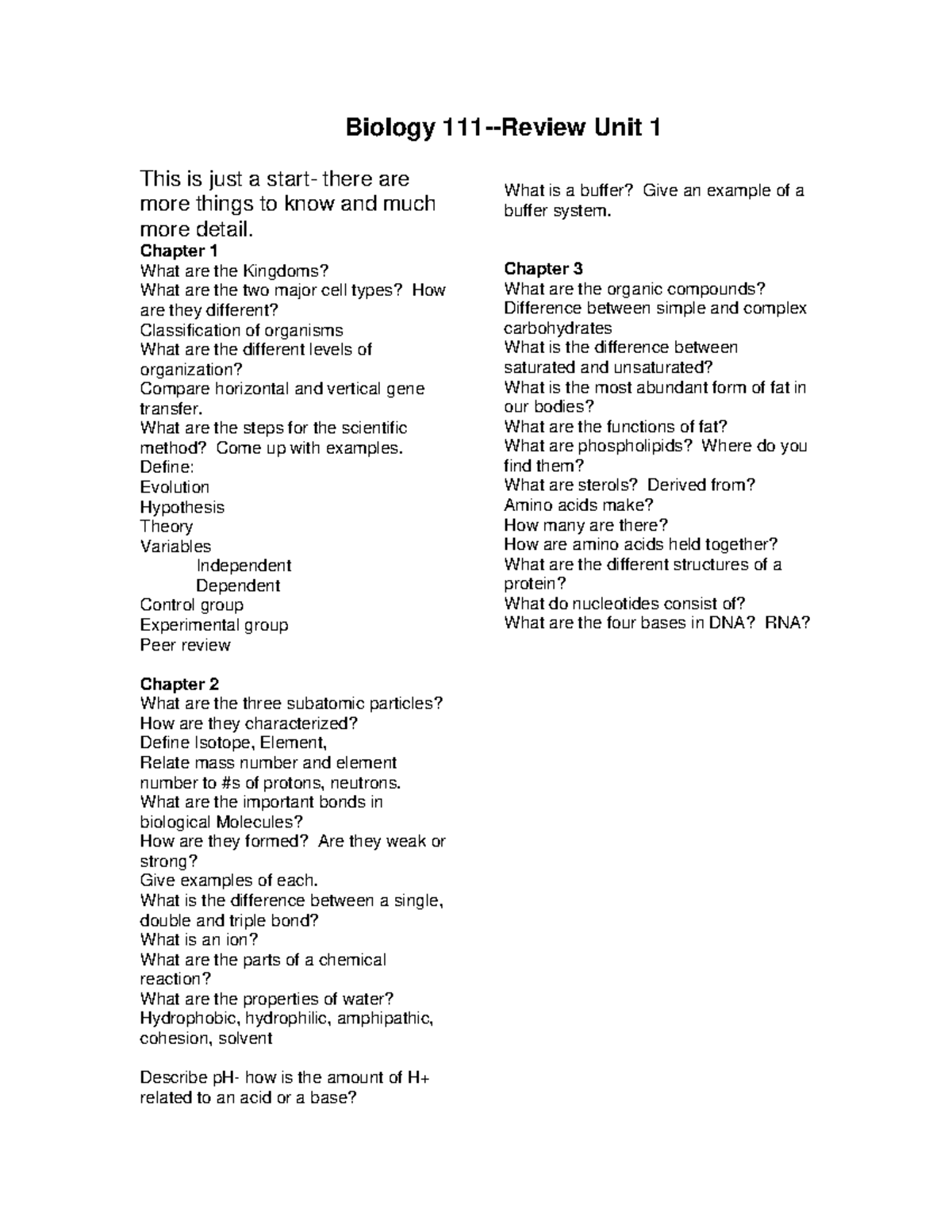 Bio 111 Module 1 review- first module - Biology 111-Review Unit 1 This ...