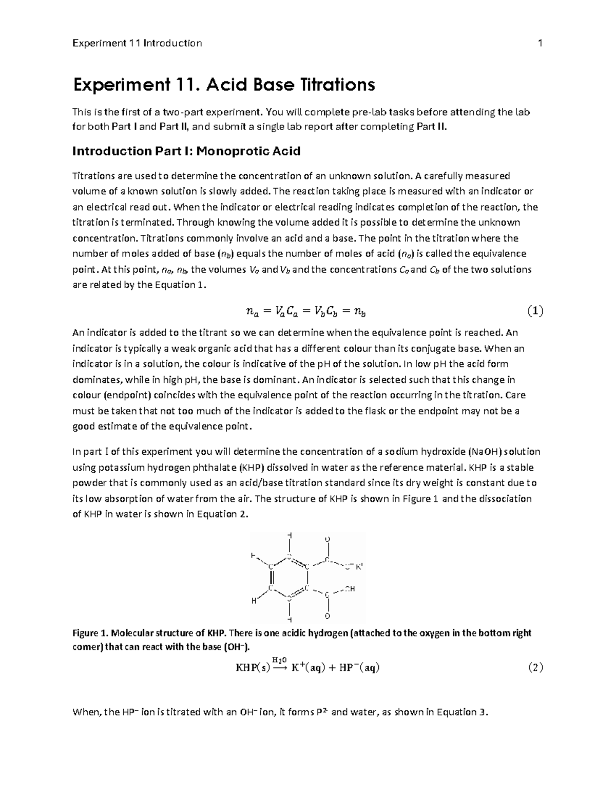 Experiment 11: Acid-Base Titrations - Introduction and Overview - Studocu