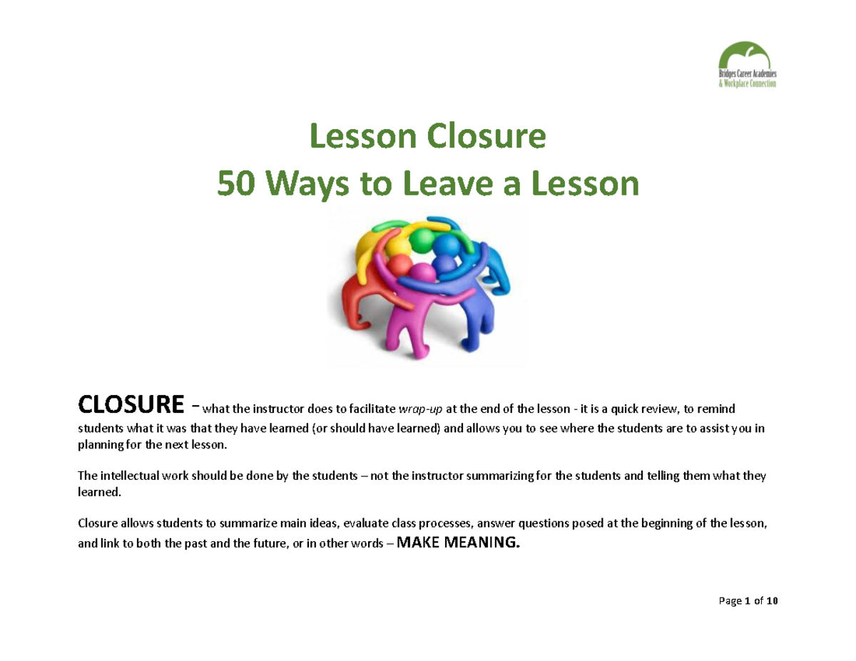 Lesson Closures 50 Ways to Leave a Lesson - Lesson Closure 50 Ways to ...