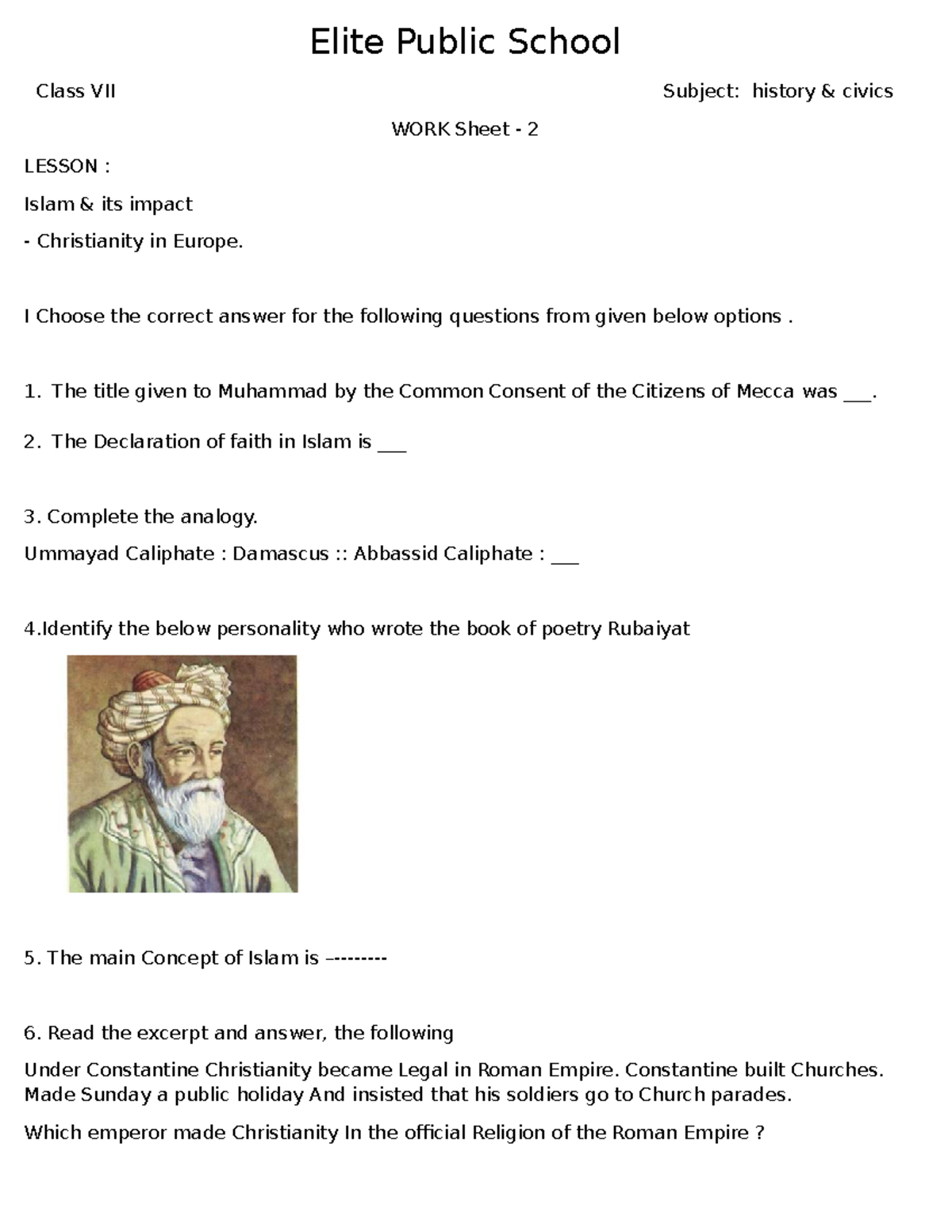 7th Grade History & Civics Worksheet 2: Impact of Islam & Christianity ...