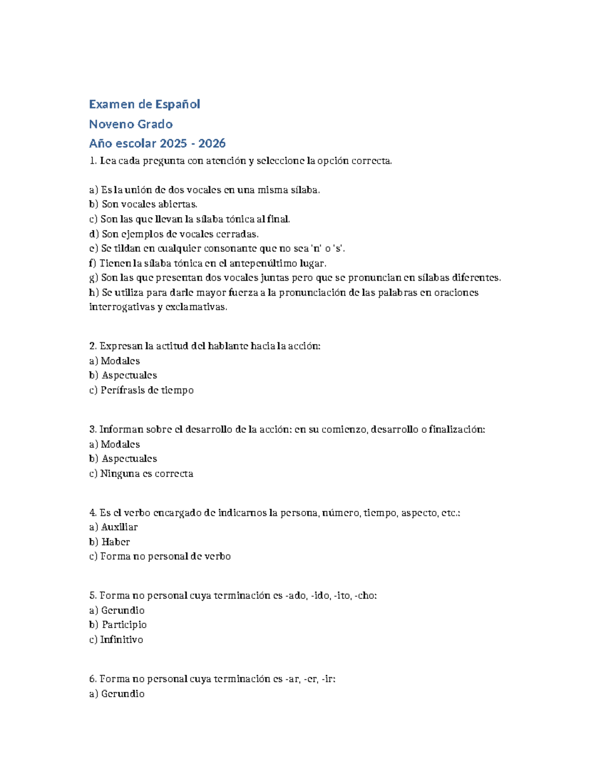 Examen de Español Noveno Grado 2025-2026: Preguntas y Respuestas - Studocu
