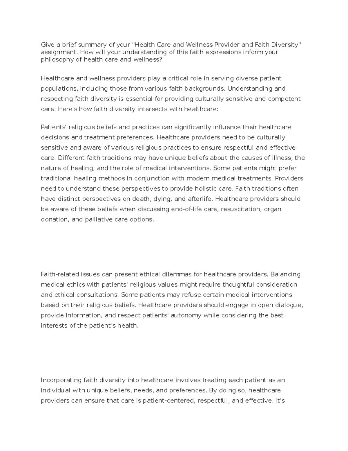 HCP 2 - Summary of Health Care & Faith Diversity Assignment - Studocu