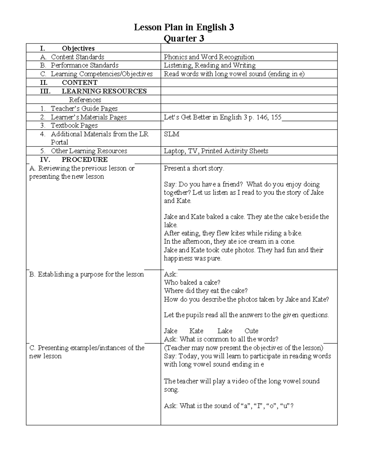 Q3 Lesson Plan for English 3: Long Vowel Sounds Activities - Studocu