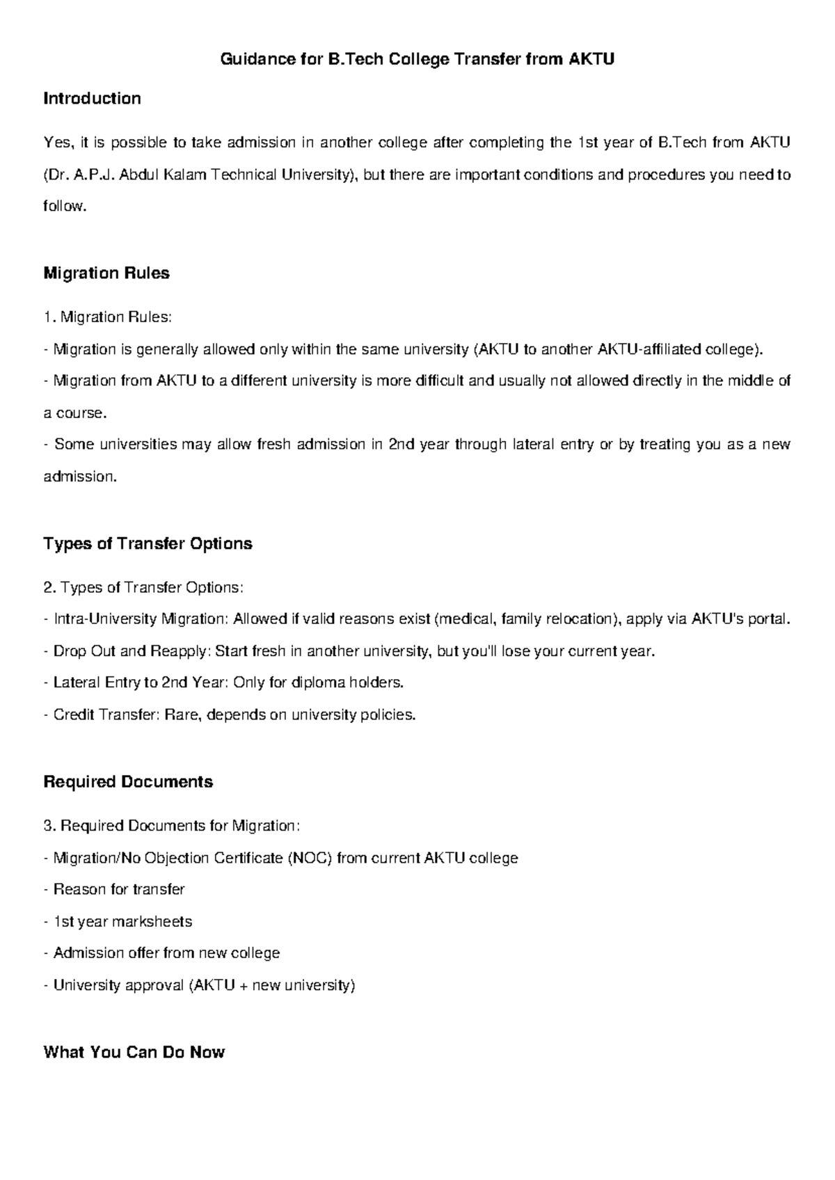 AKTU B.Tech Transfer Guide: Migration & Admission Options Explained - Studocu
