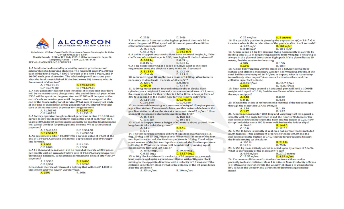 SET 4A - Engineering Sciences: Physics Problems and Solutions - Studocu