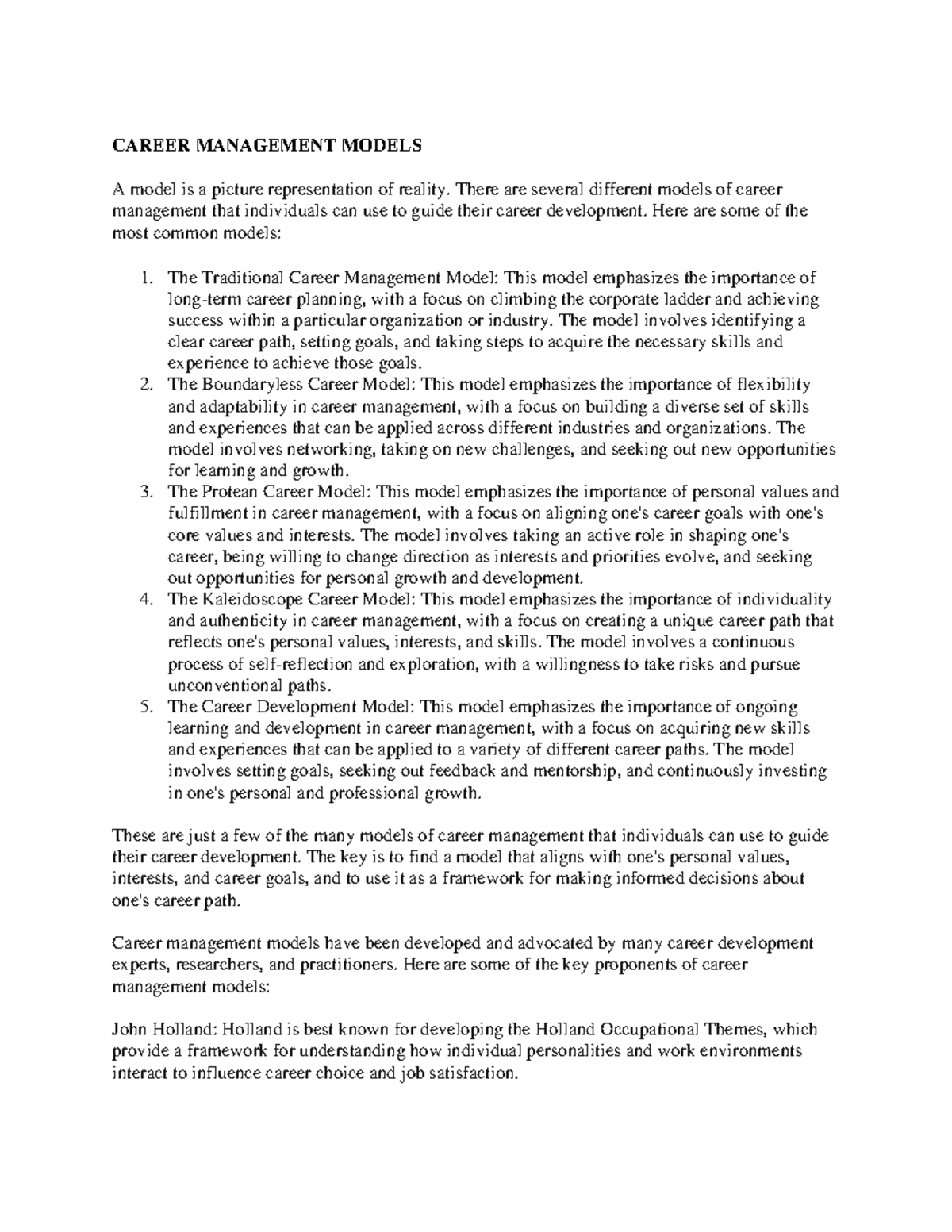 Career Management Models: Frameworks for Professional Development - Studocu