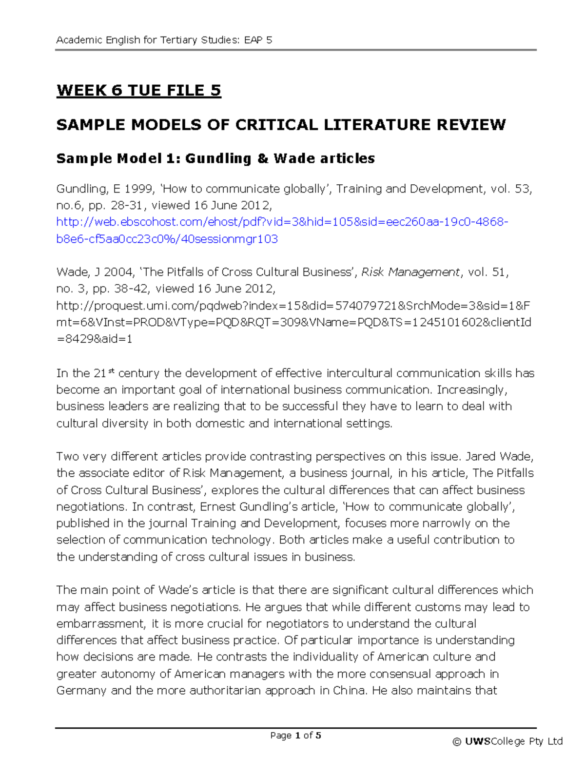 EAP5 Week 6 Tue F5 models of literature review - Page 1 of 5 WEEK 6 TUE ...
