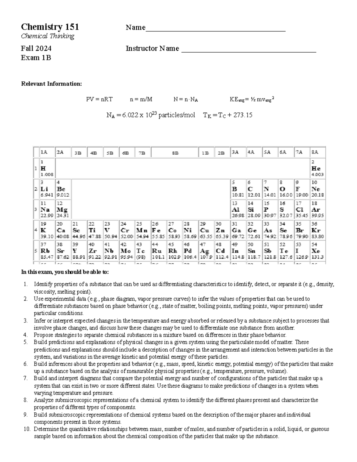 Exam1B Practice Exam F24 final - Chemistry 151 Name ...