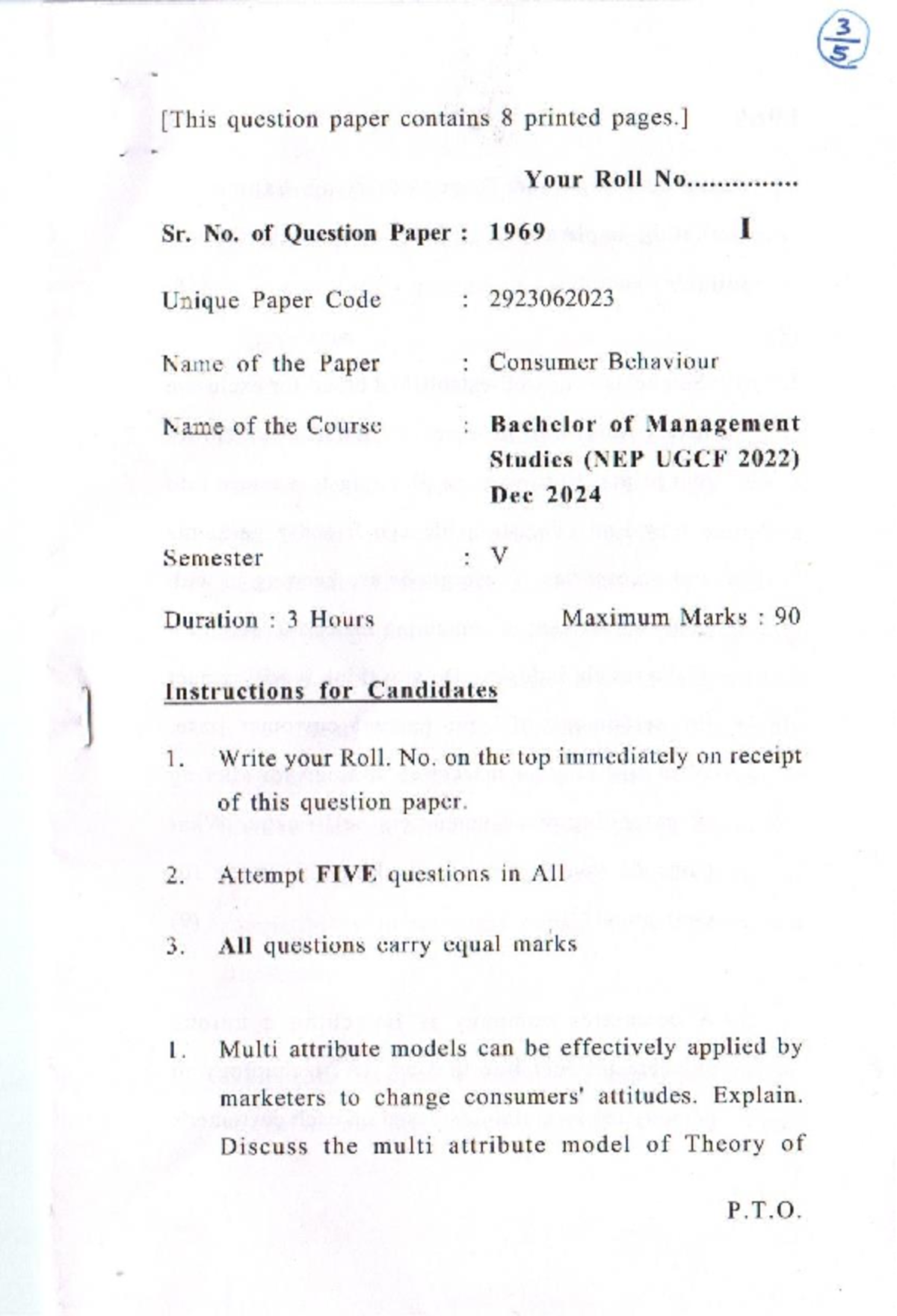 BMS 2923062023 V Sem Consumer Behaviour Question Paper 2024 - Studocu