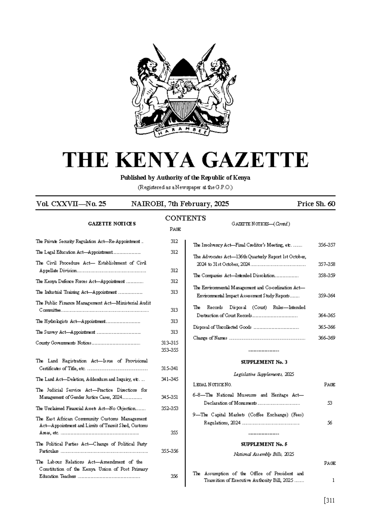 Kenya Gazette Vol. 25: Official Notices and Legal Updates - Feb 2025 ...