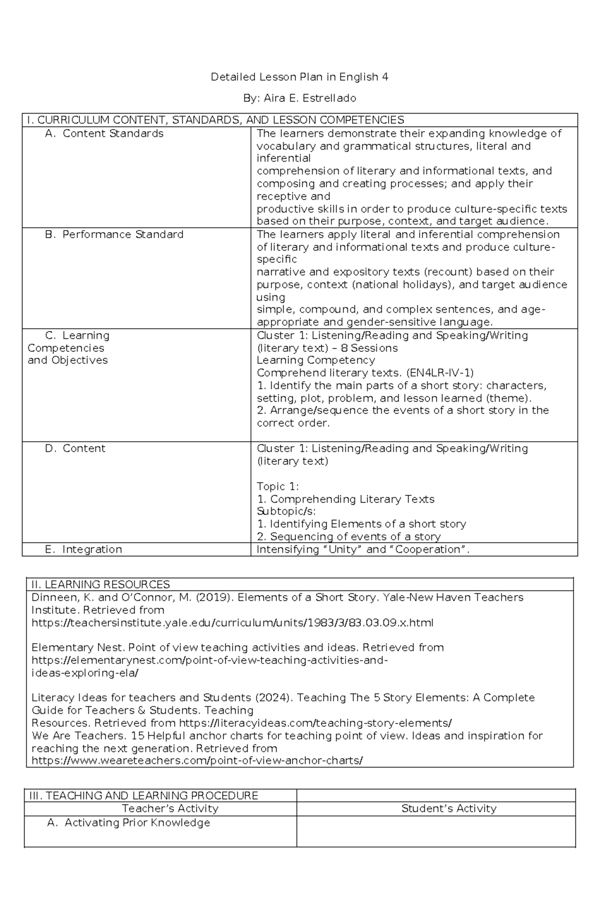 Detailed Lesson Plan in English 4: Understanding Story Elements - Studocu