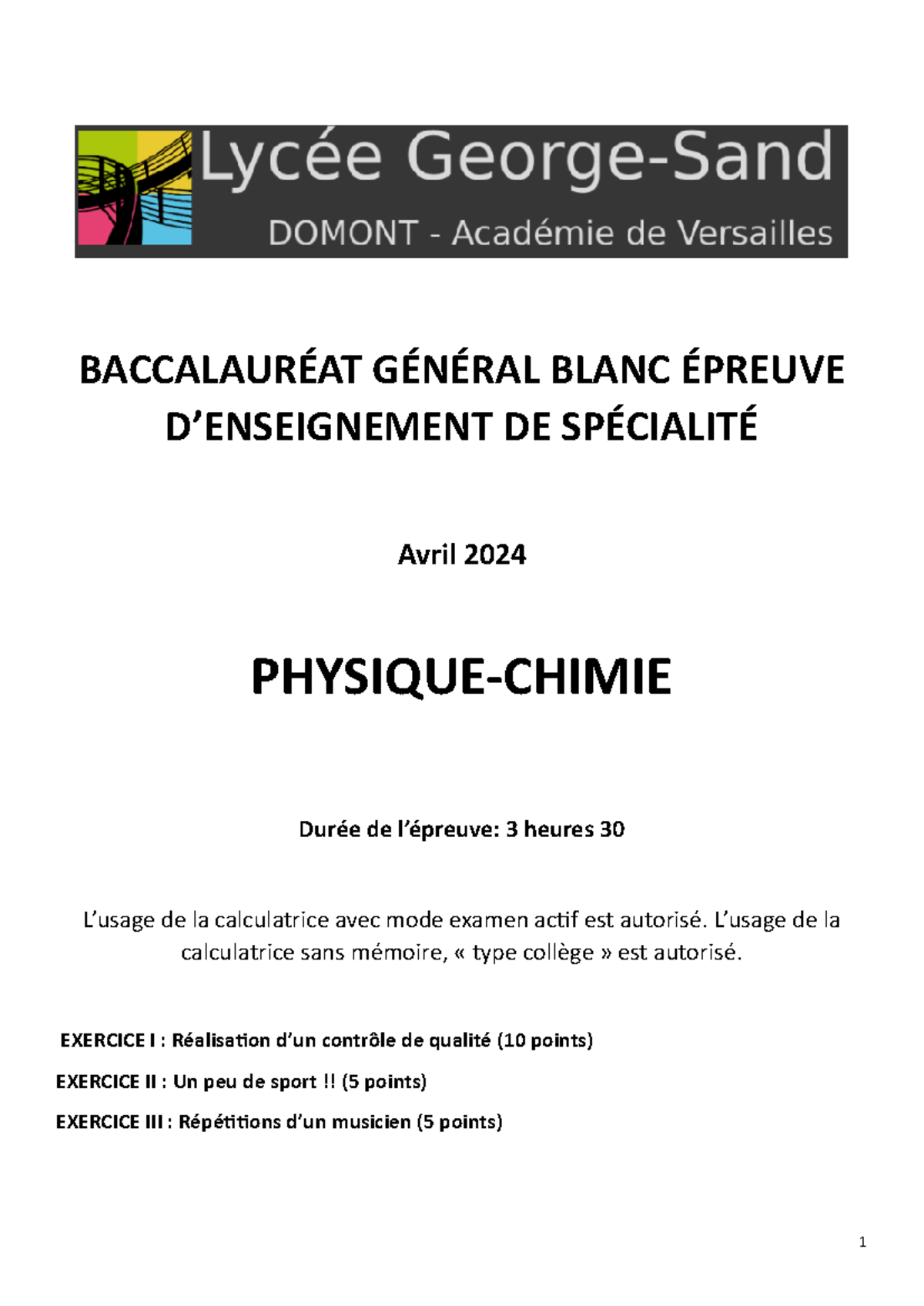 Bac Blanc 2024 VF: Physique-Chimie - Épreuves et Exercices Divers - Studocu
