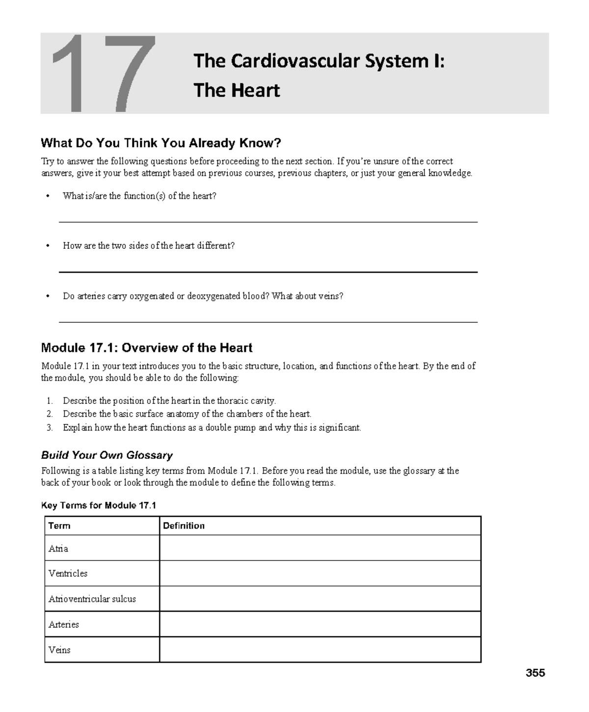 Chapter 17 The Cardiovascular System l: The Heart Active Learning ...