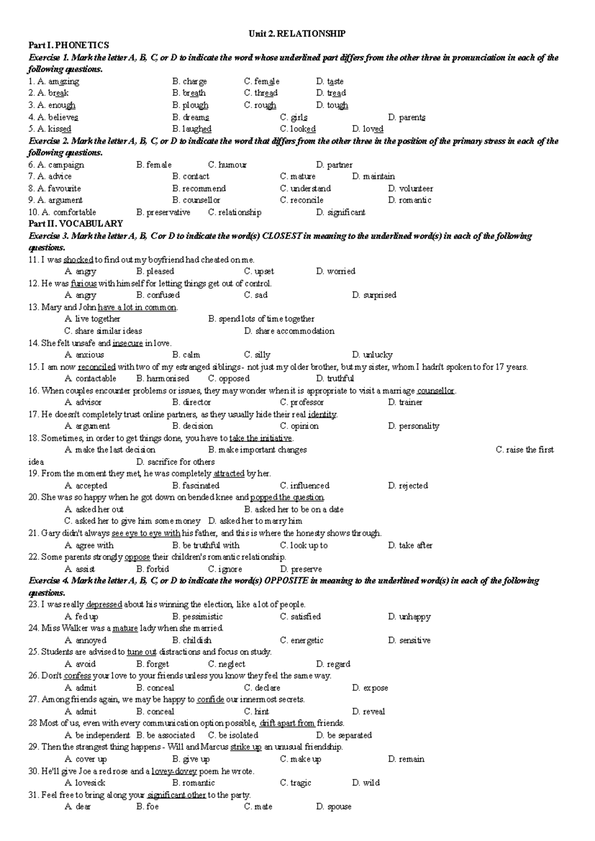 Unit 2: Relationship - Phonetics & Vocabulary Exercises (No Answers ...
