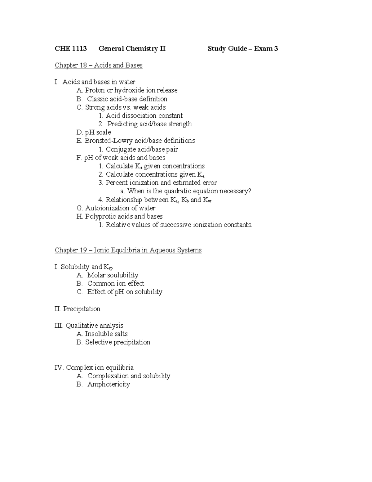 CHE1113 General Chemistry II Exam 3 Study Guide: Acids & Bases - Studocu