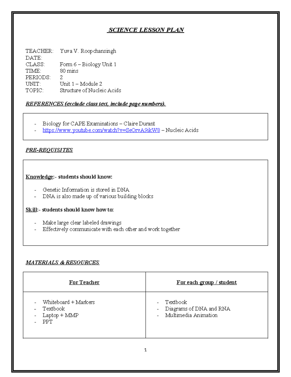 Biology Unit 1 Form 6: Nucleic Acids Lesson Plan - Studocu