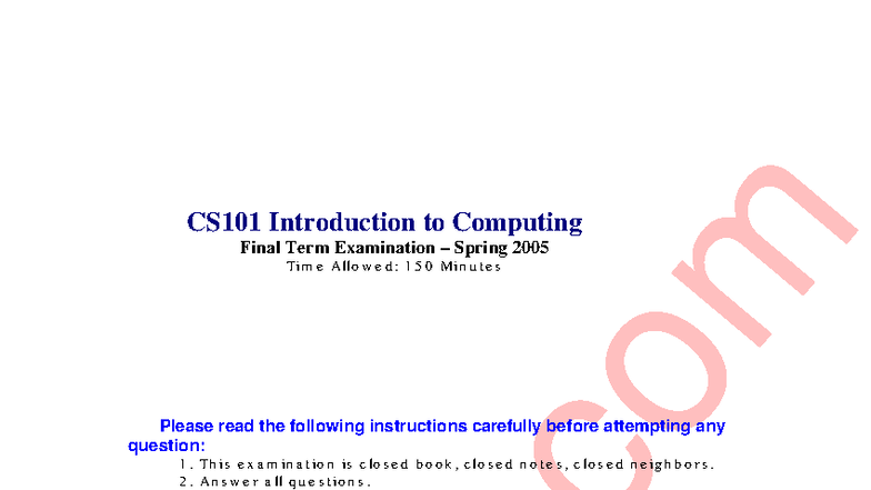 CS101 Introduction to Computing Final Term Exam Spring 2005 - Studocu