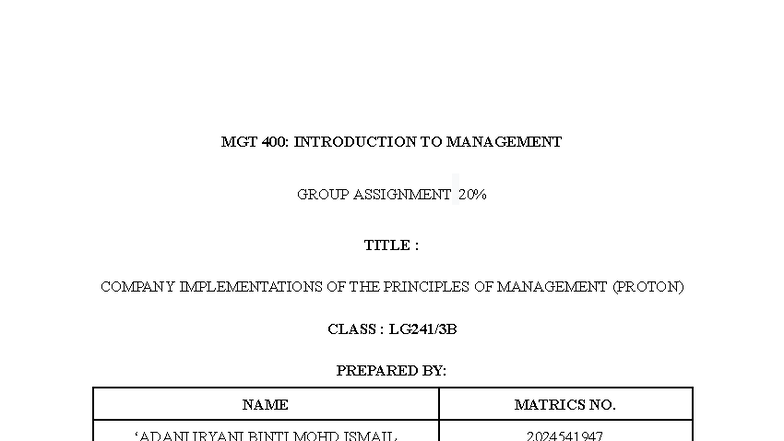 MGT 400: Group Assignment on Proton's Management Principles - Studocu