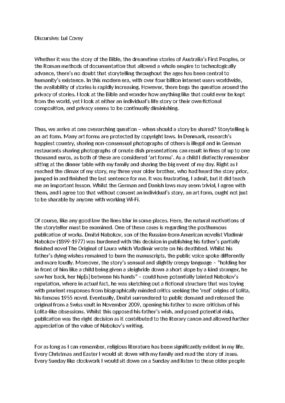 Discursive Essay: Lui Covey on Storytelling & Privacy Issues - Studocu