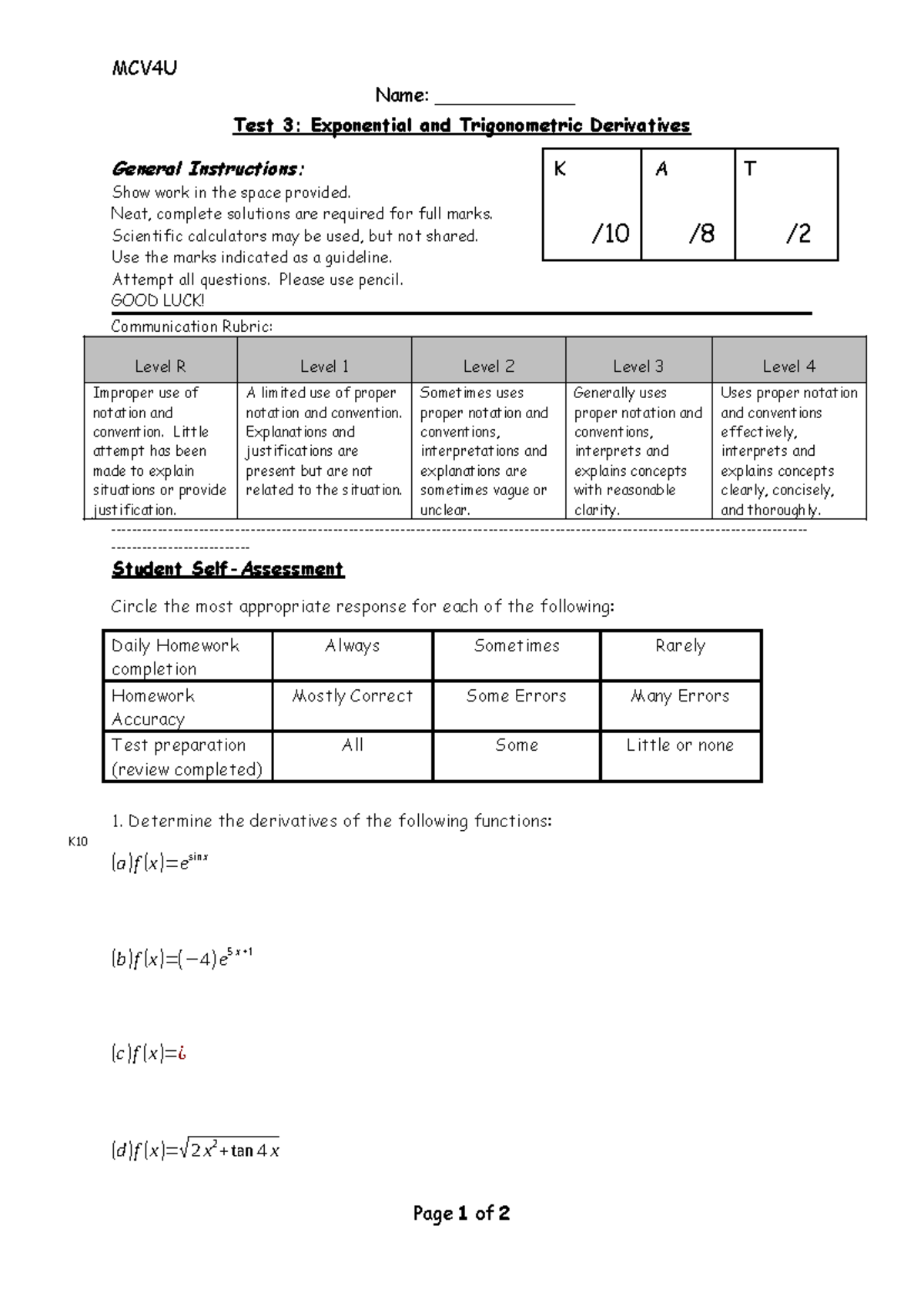 MCV4U Test 3: Exponential & Trig Derivatives Guide - Studocu
