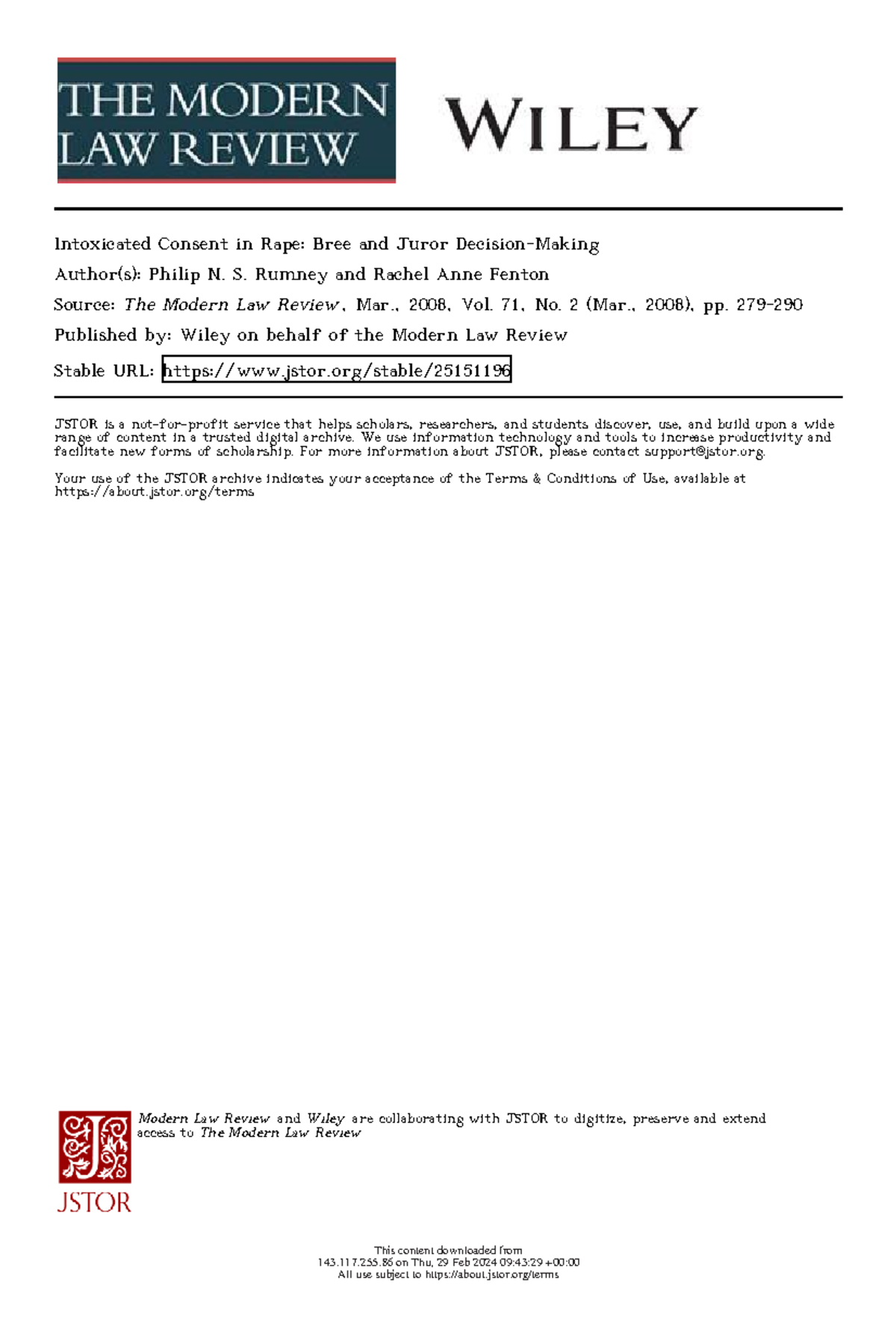 Intoxicated Consent in Rape: Bree and Juror Decision-Making - S. Rumney ...