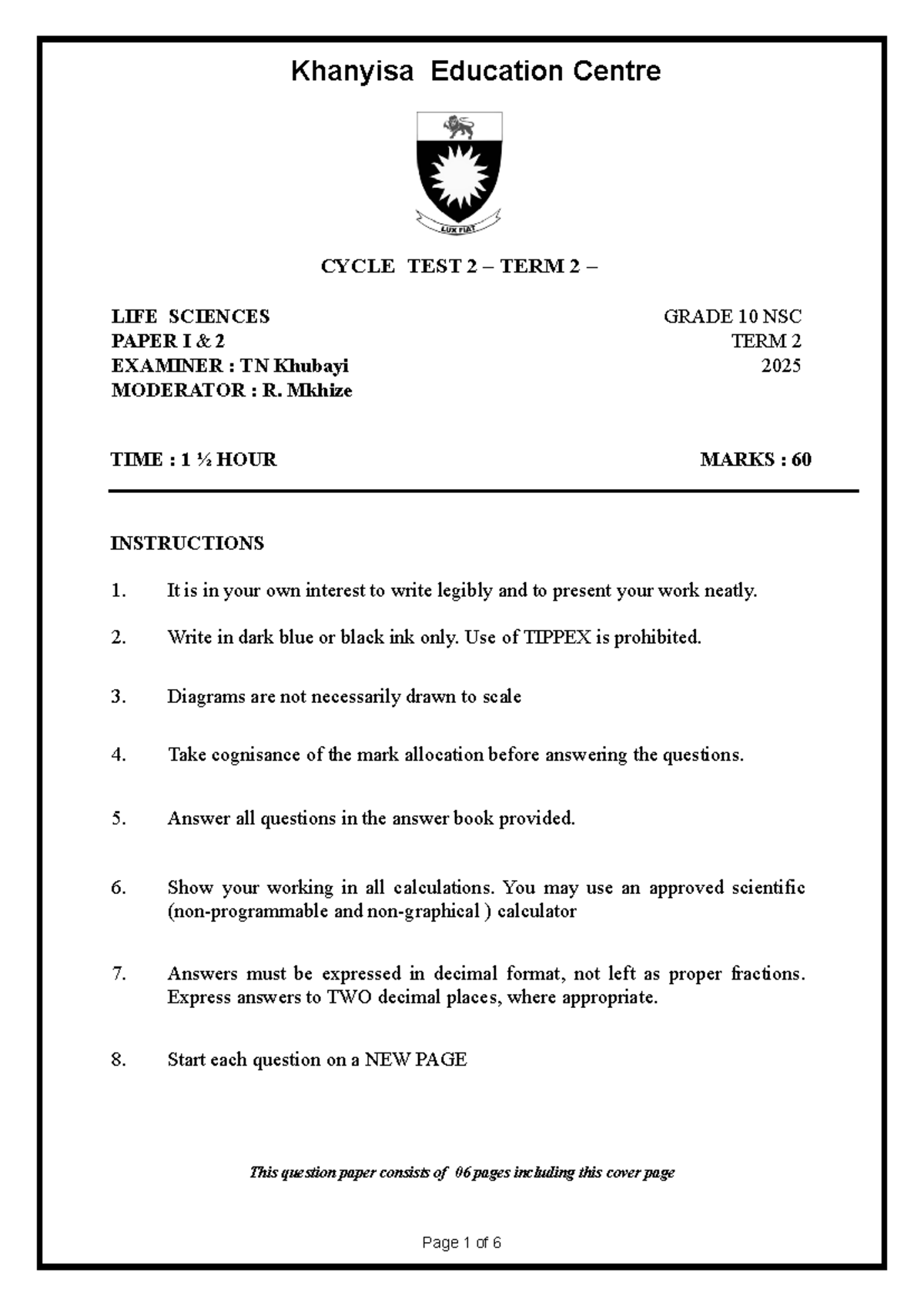 LIFE SCIENCES GRADE 10 TERM 2 CYCLE TEST CT 2025 - Studocu