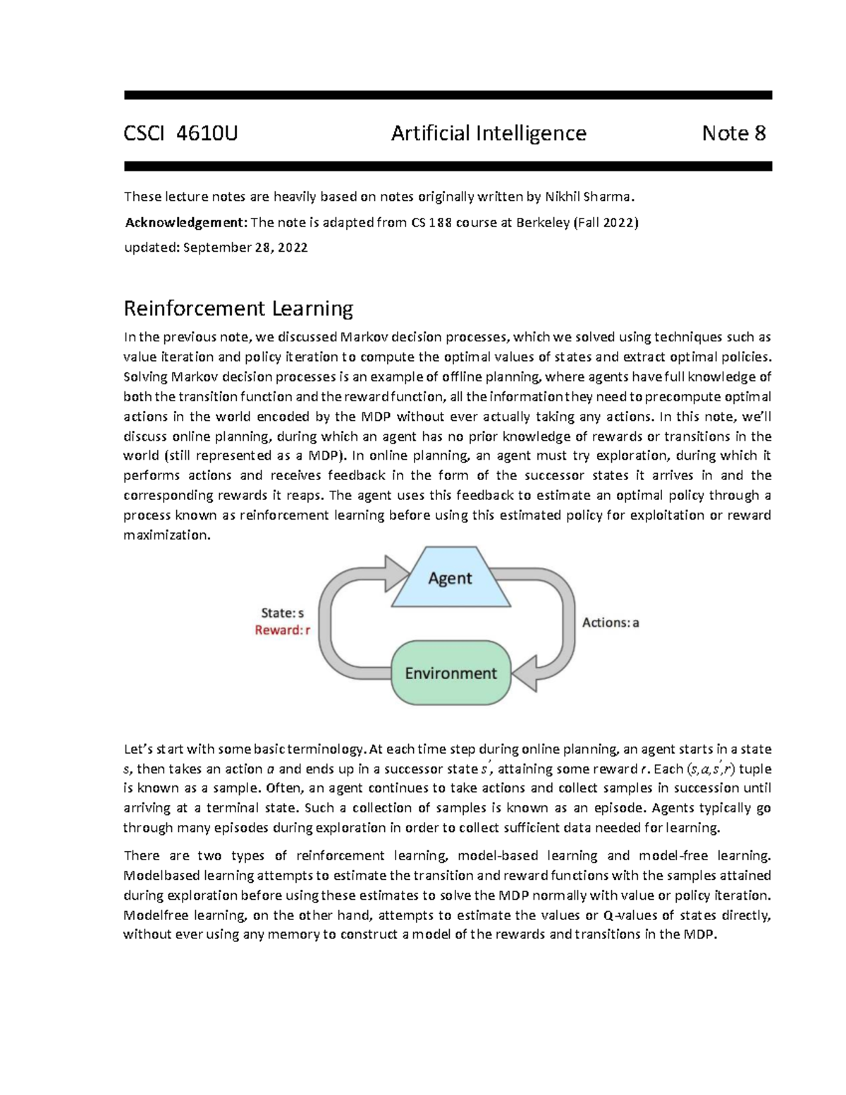 CSCI 4610U Lecture Note 8: Reinforcement Learning Concepts - Studocu