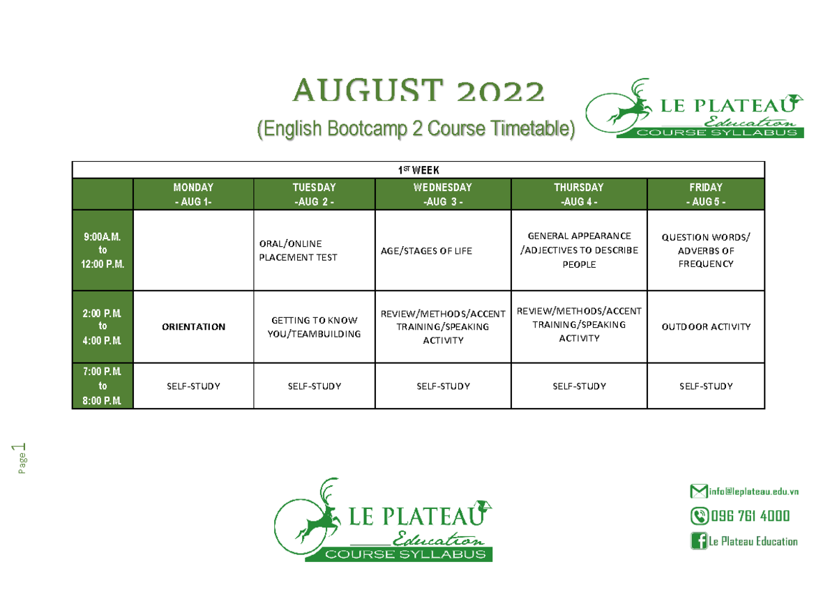 English Bootcamp 2 (EB2) Course Timetable - August 2022 - Studocu