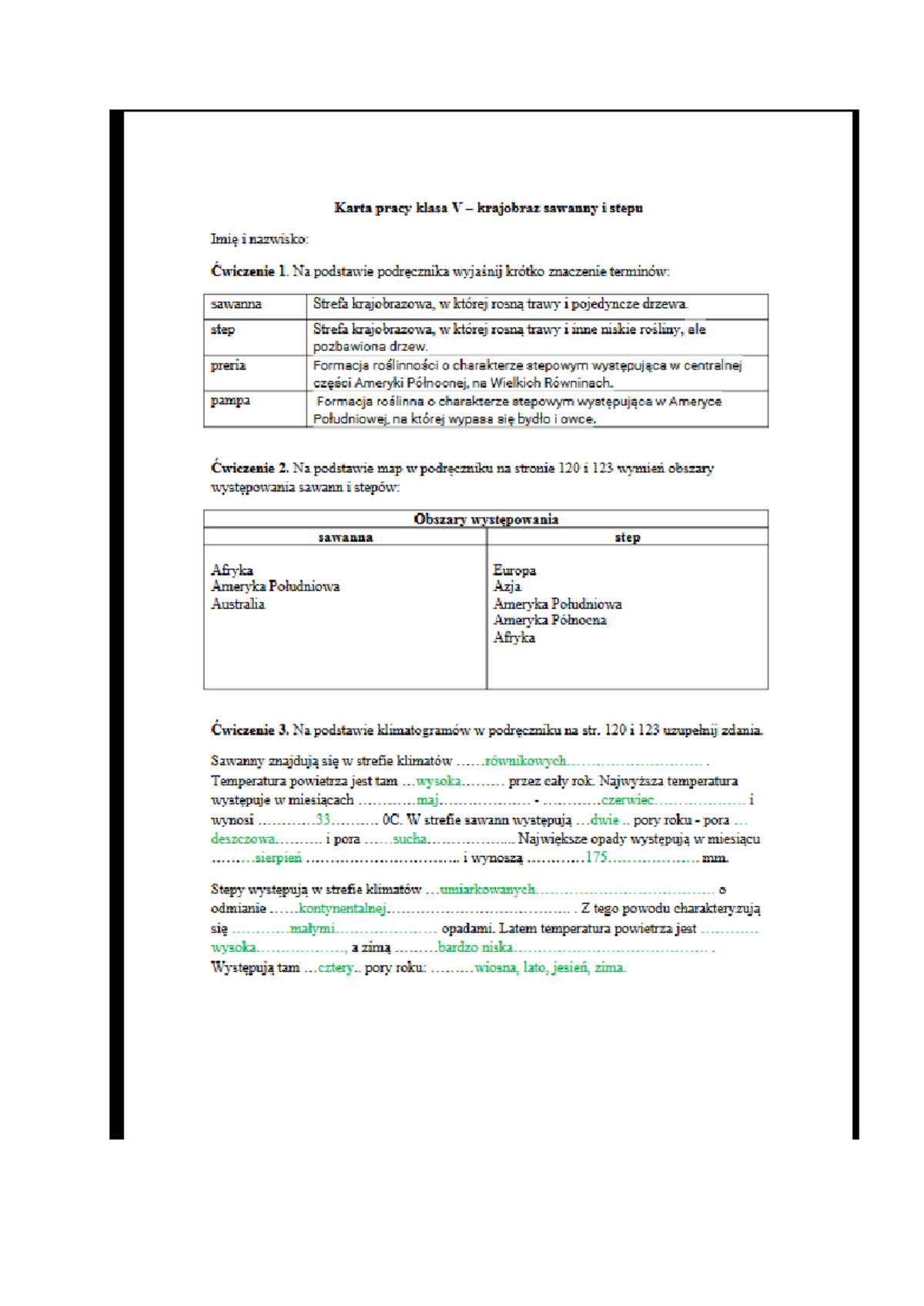 Geografia - Karta Pracy Klasa V: Sawanny i Stepy - Studocu