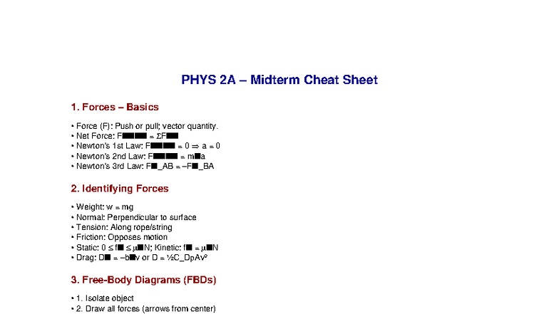 PHYS 2A Midterm Cheat Sheet: Forces and Motion Basics - Studocu