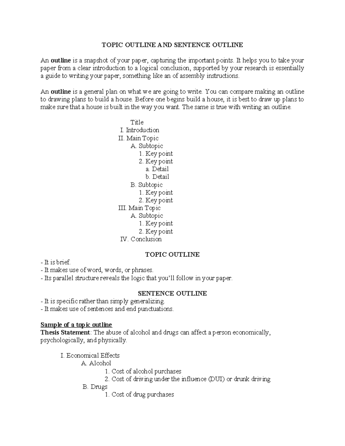 Topic Outline AND Sentence Outline - TOPIC OUTLINE AND SENTENCE OUTLINE ...