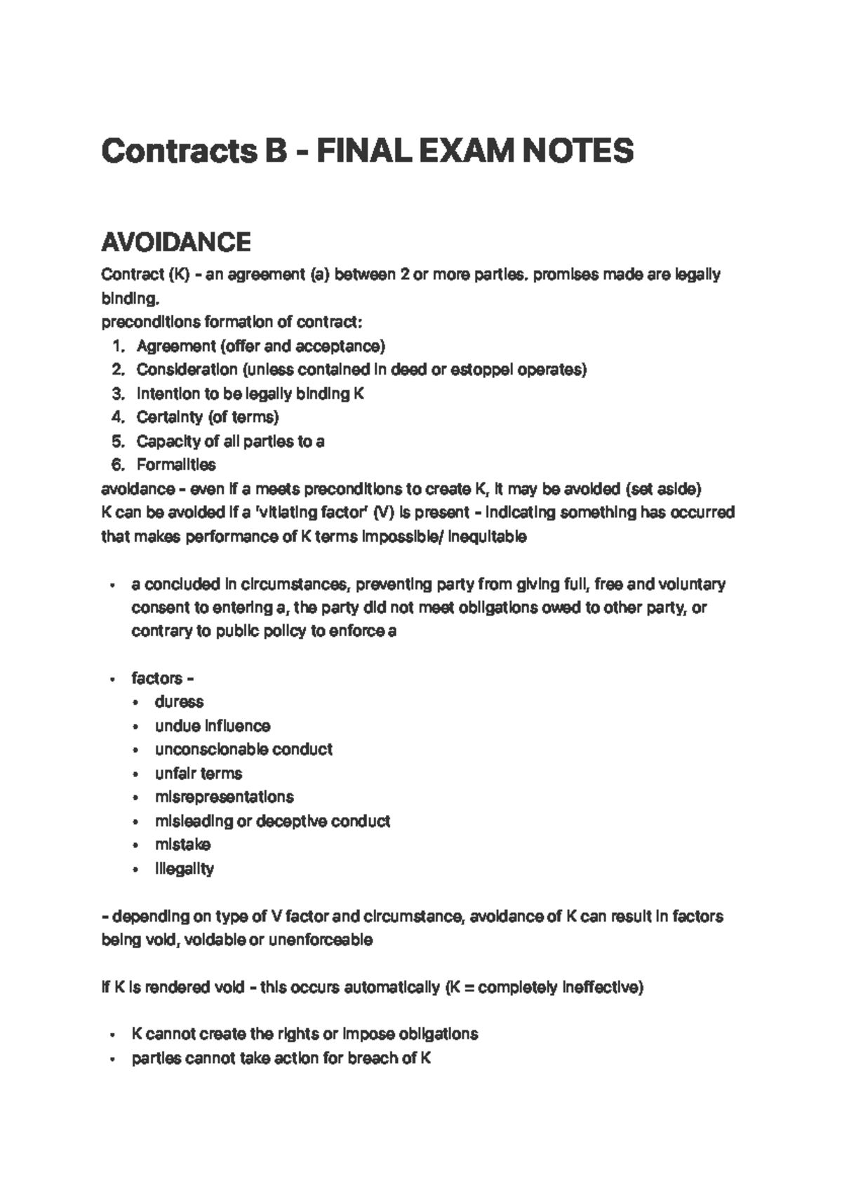 Contracts B - Final Exam Notes on Avoidance and Rescission - Studocu