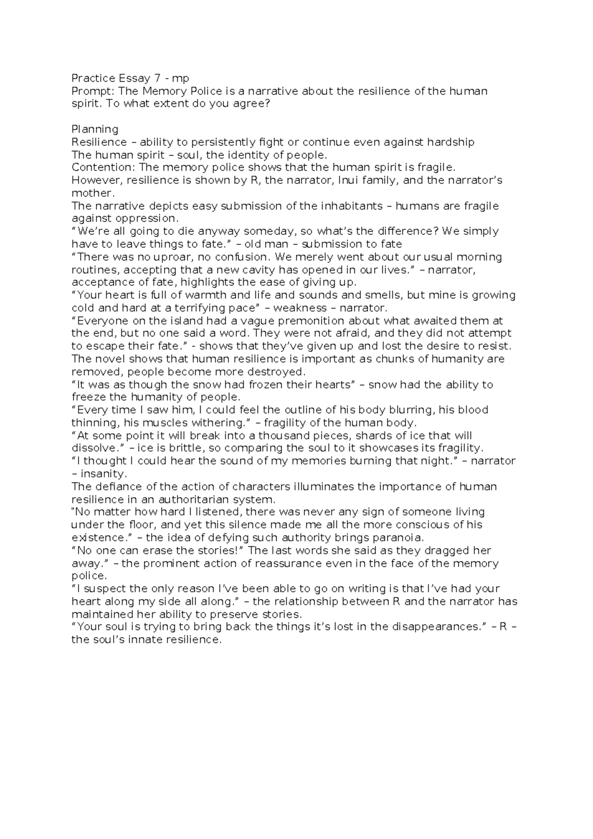 Practice Essay 7: Resilience of the Human Spirit in The Memory Police ...