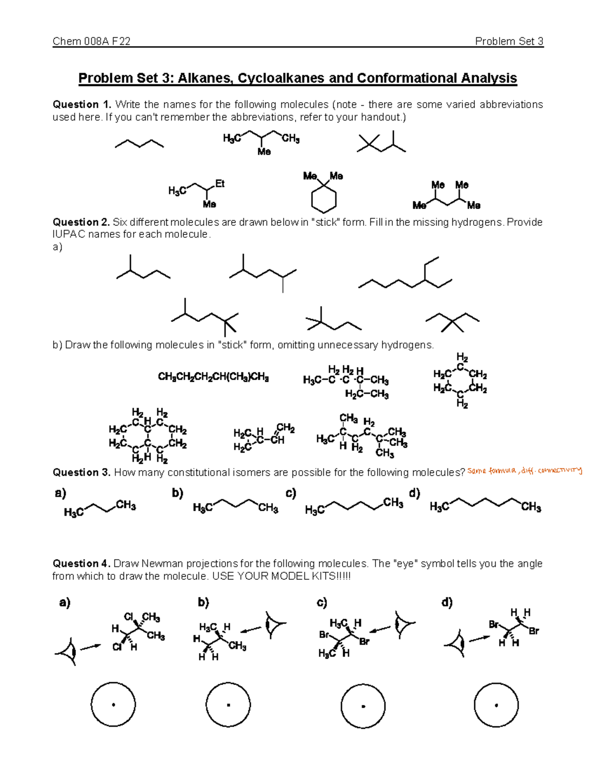 PS #3 Worksheet - Problem Set 3: Alkanes, Cycloalkanes and Conformational Analysis Question 1 ...