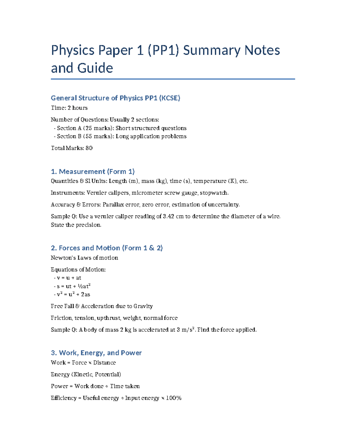 Physics PP1 Summary Notes: Key Concepts & Sample Questions - Studocu