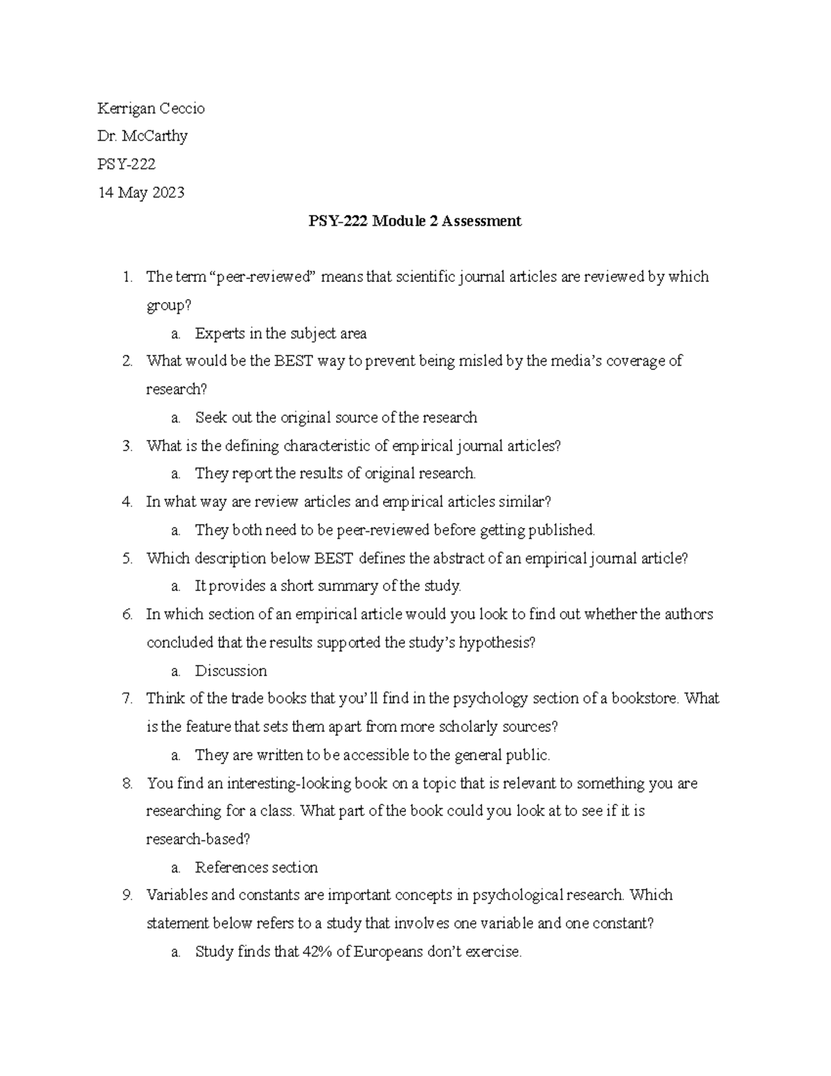 PSY-222 Module 2 Assessment - Kerrigan Ceccio Dr. McCarthy PSY- 14 May ...