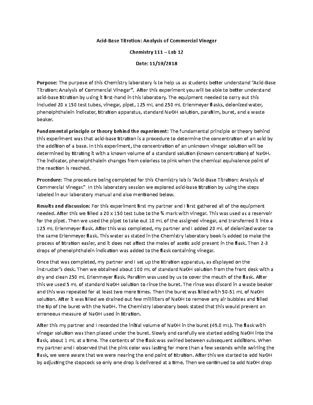 Chem 111 Chemistry Lab 12 - Acid-Base Titration: Analysis of Commercial ...