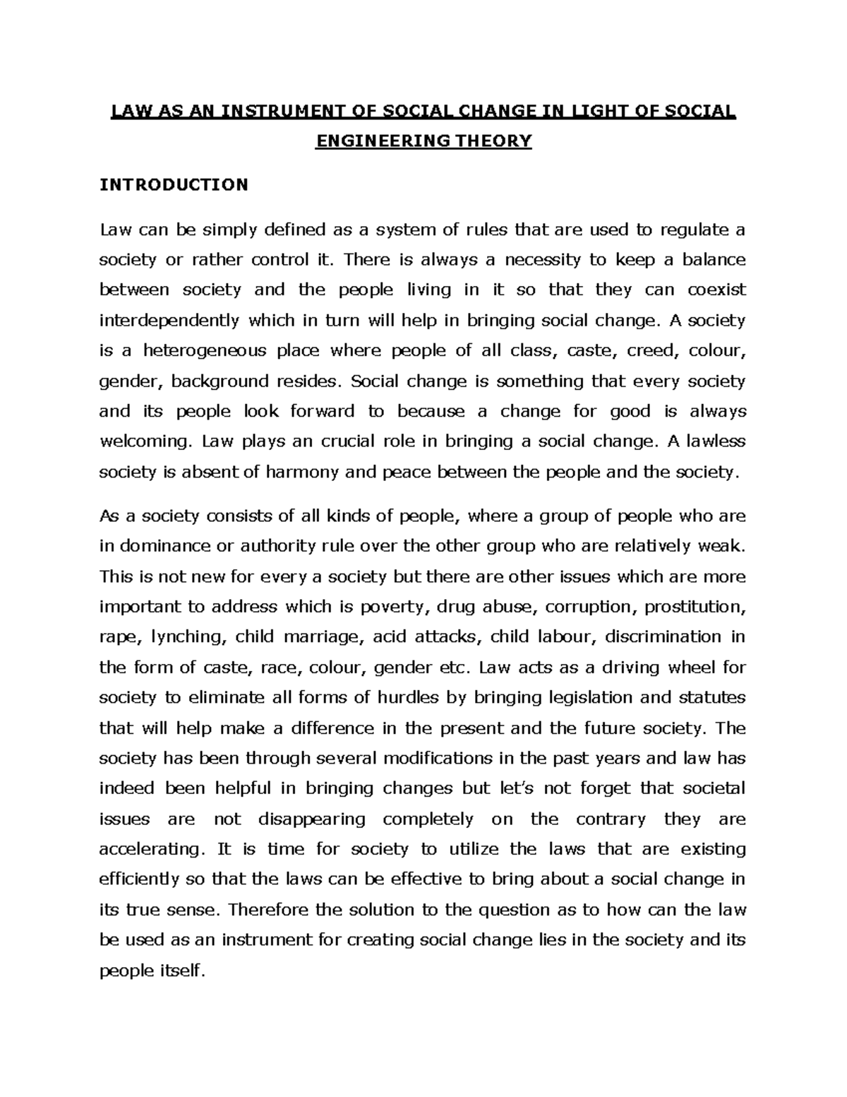 LAW AS AN INSTRUMENT FOR SOCIAL CHANGE: A STUDY ON THE INDIAN CONTEXT ...