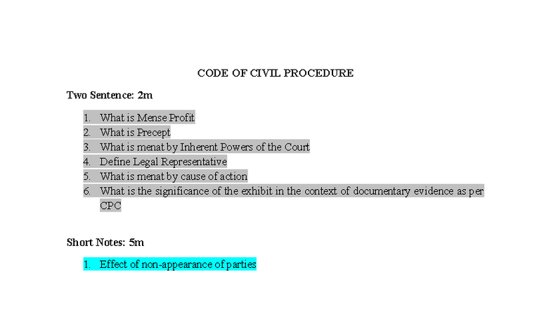 CPC Important Questions 2025 - CODE OF CIVIL PROCEDURE Two Sentence: 2m ...