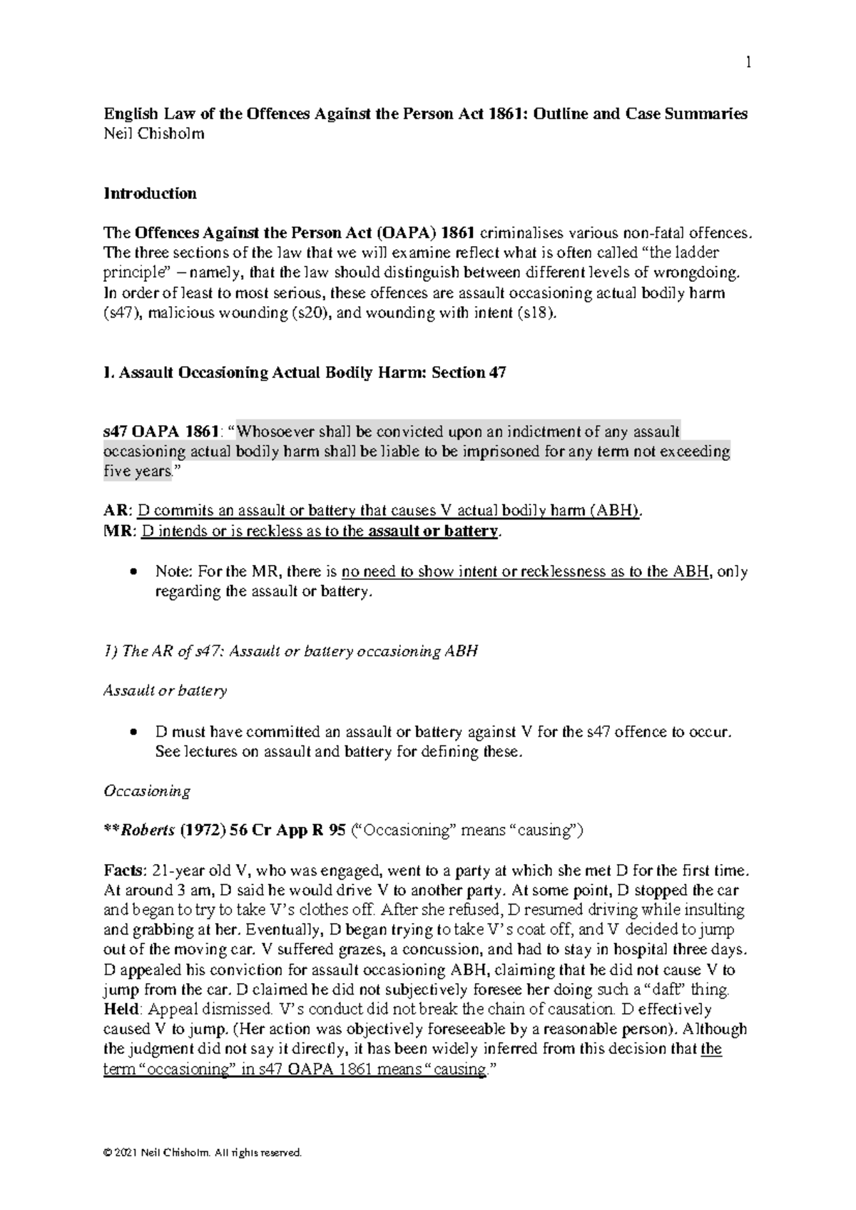 Notes on Continued Non-Fatal Offences: OAPA 1861 Analysis - Studocu