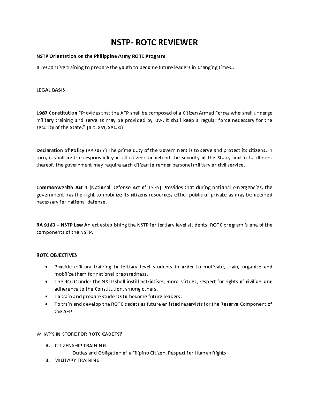 ROTC (NSTP) 1st Year Reviewer: Key Concepts and Objectives - Studocu