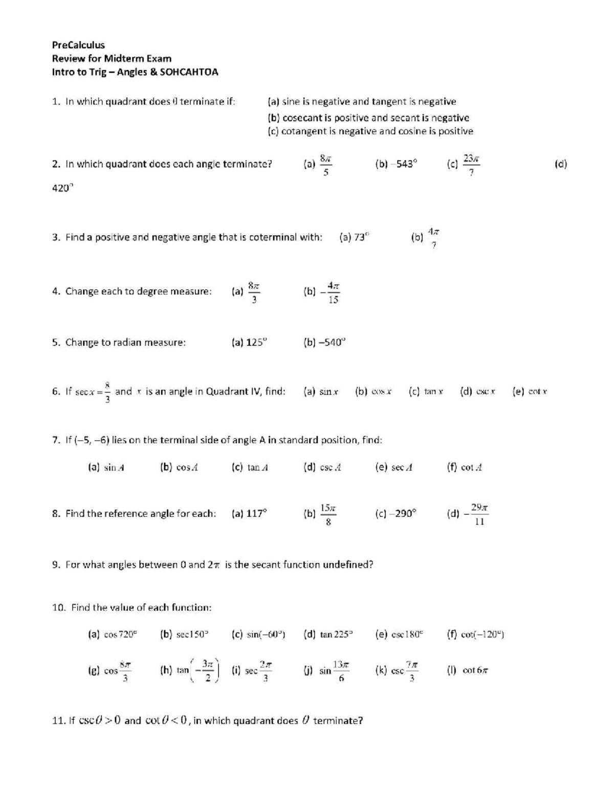 Midterm Exam Review for AP Precalculus: Trigonometry & Angles - Studocu