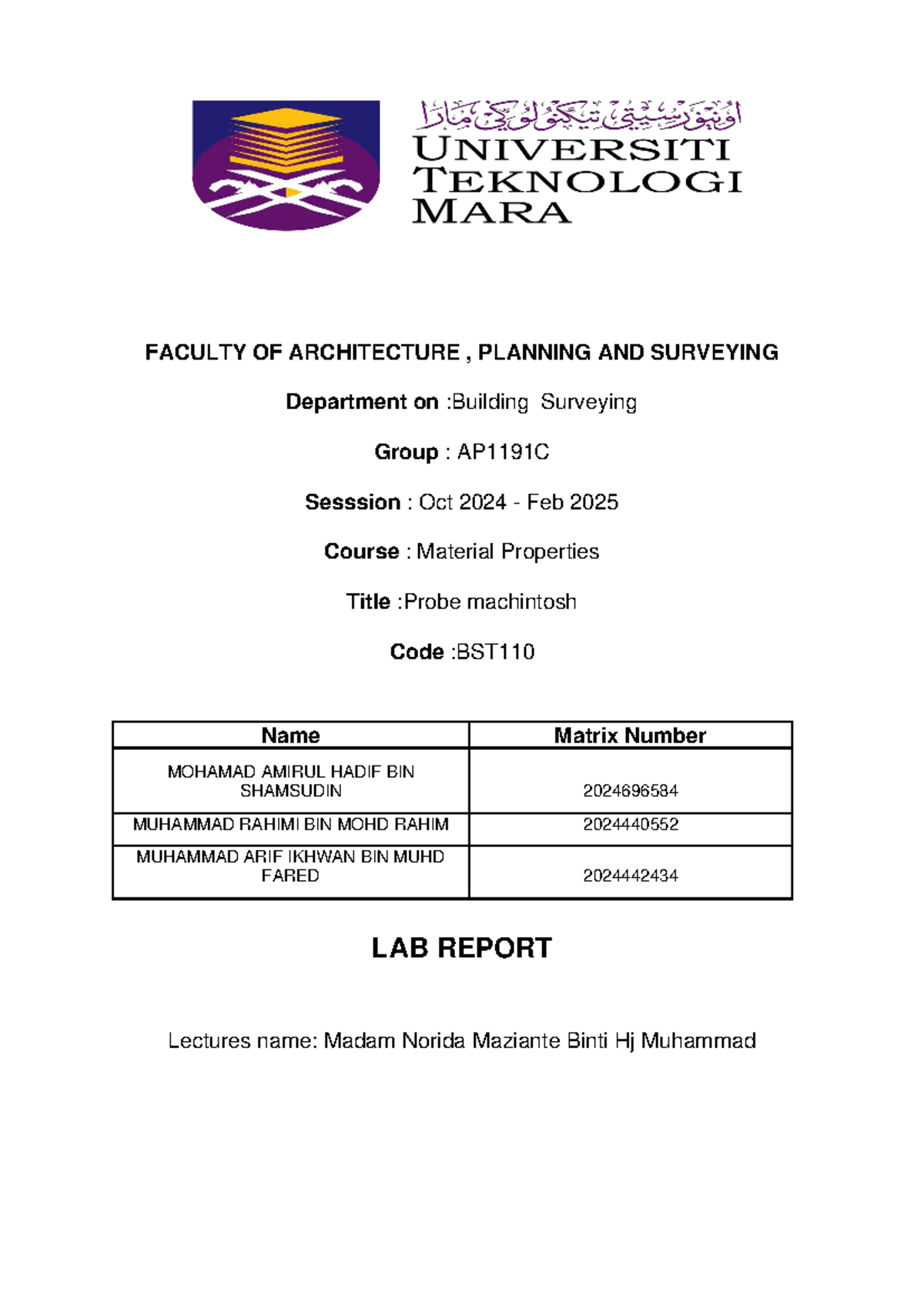 BST110 Lab Report: Probe Mackintosh Test for Material Properties - Studocu