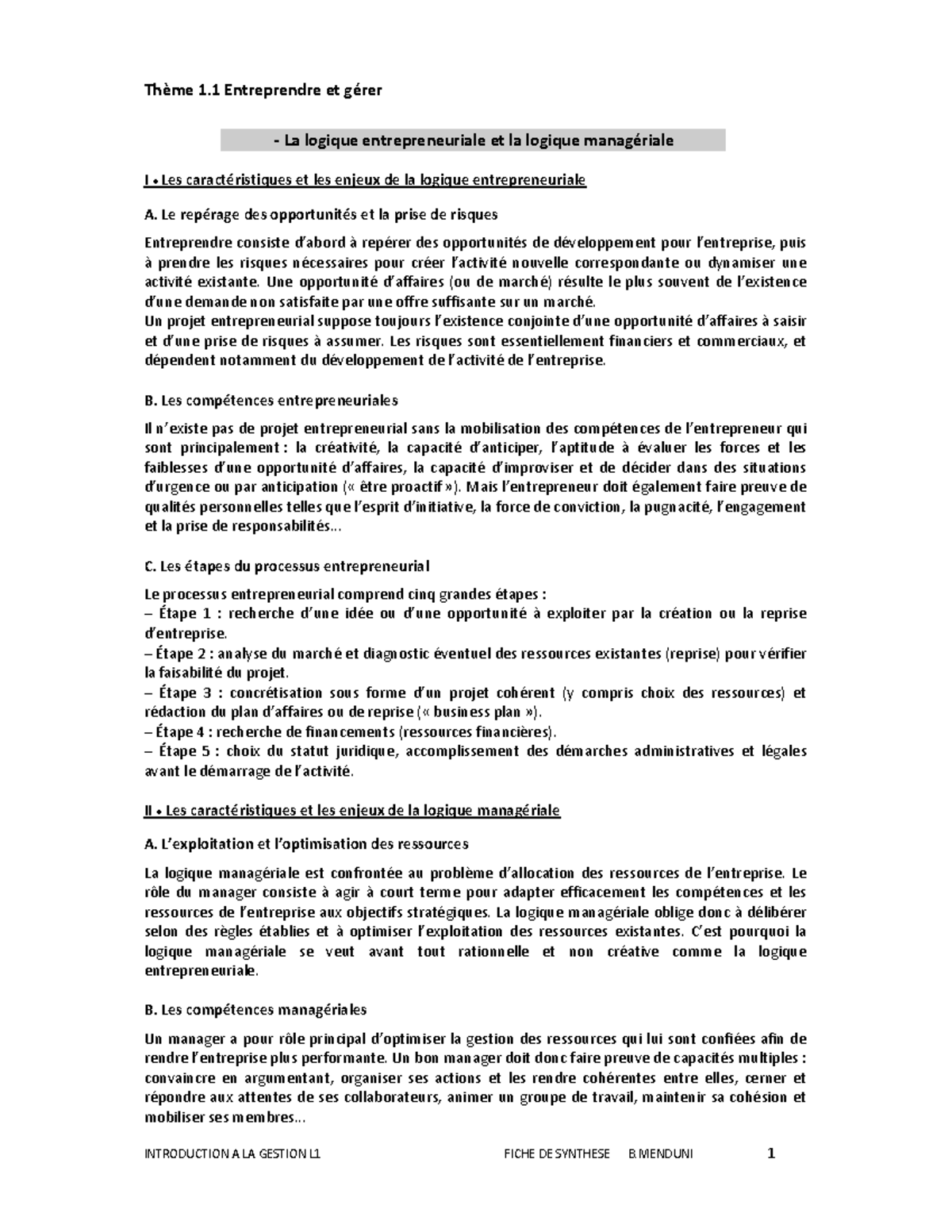 fiche : La logique entrepreneuriale et managériale - INTRODUCTION A LA GESTION L1 FICHE DE ...
