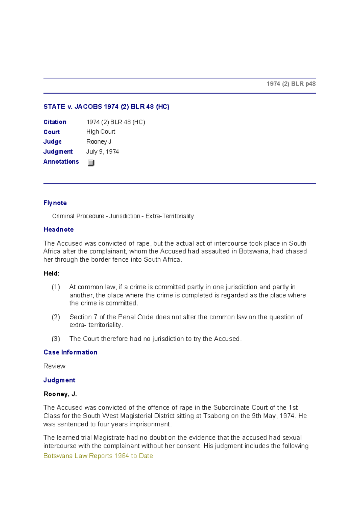 STATE v. JACOBS 1974 - Jurisdiction & Extra-Territoriality Analysis ...
