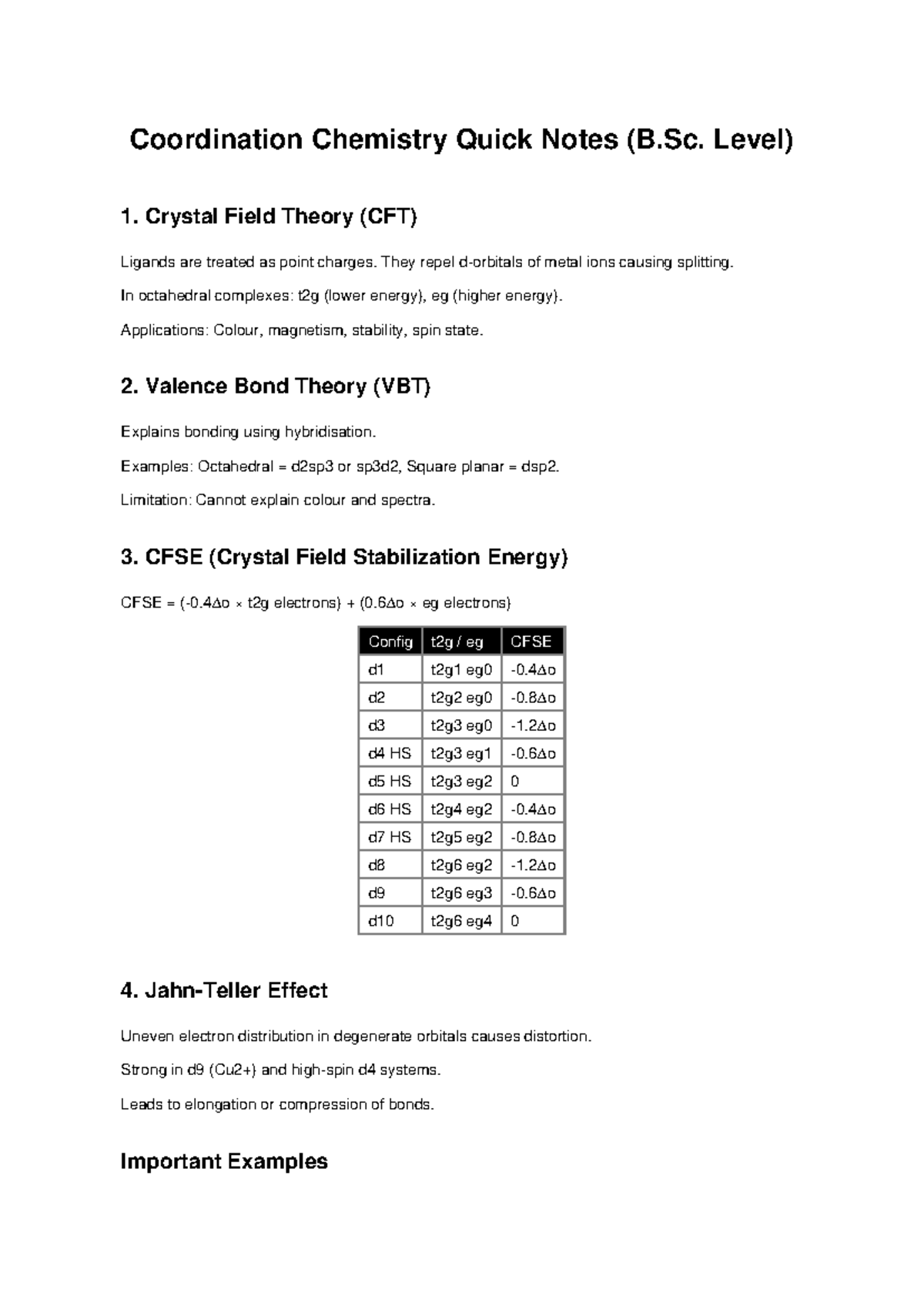 Coordination Chemistry Quick Notes (B.Sc.) - CFT & VBT Insights - Studocu