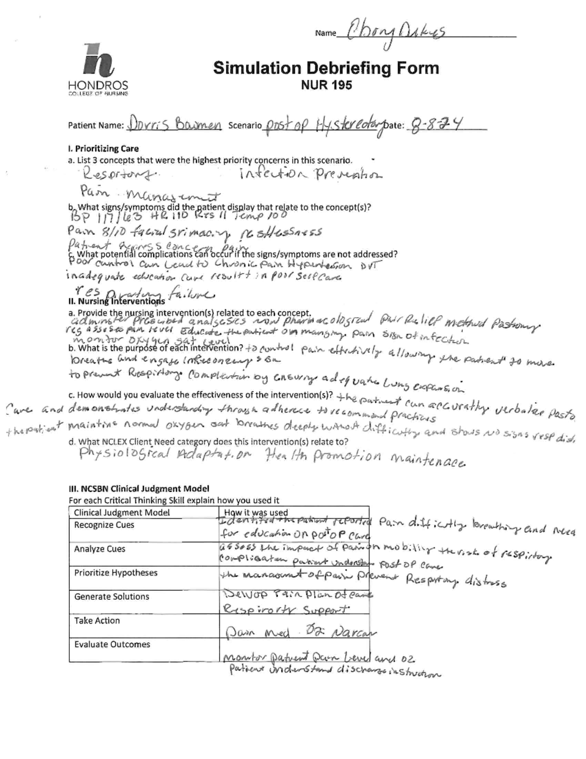 NUR 195 Simulation Debriefing: Pain Management & Patient Care Insights ...