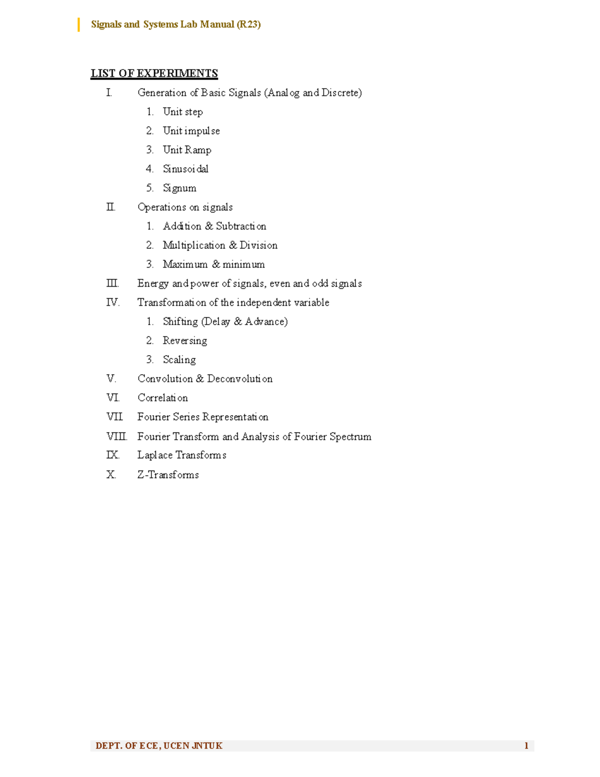 1st Experiment Signals and Systems Lab Manual (ECE R23) - Studocu